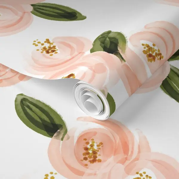 Spoonflower Coral Watercolor Floral Rose Blush Flowers Pink Custom Pre-pasted Wallpaper - Pink,green,brown