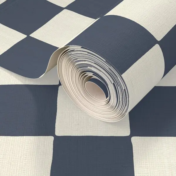 Spoonflower Jumbo Retro Checker Checkerboard In Indigo Blue 100% Natural Sisal Grasscloth Wallcovering - Blue,indigo