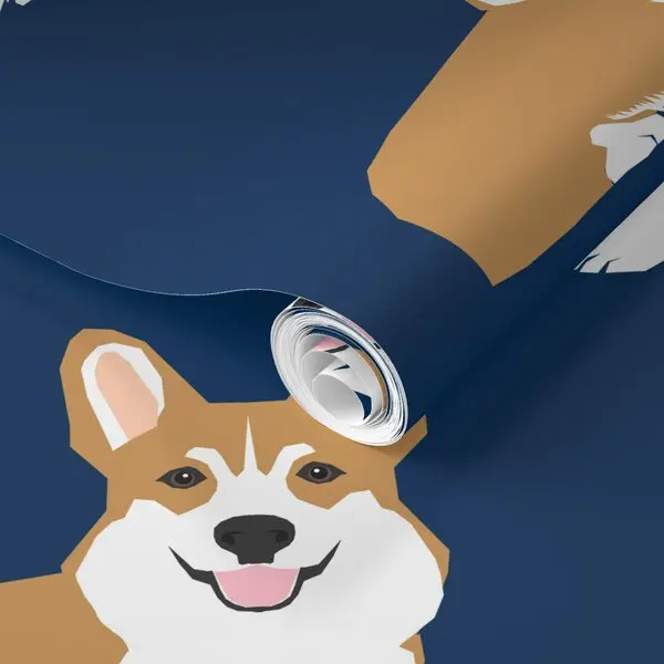 Spoonflower Corgi Dog Pet Puppy Dogs Corgis Cute Navy Blue Traditional Wallpaper - Blue,beige,gray