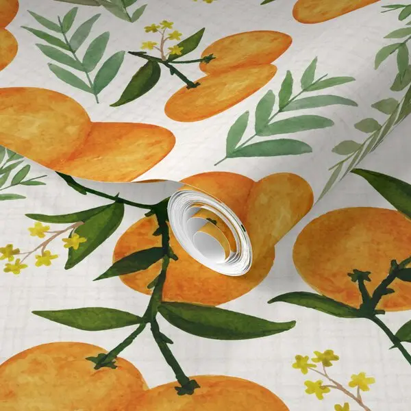 Spoonflower Orange Fruit Kitchen Drawn Traditional Vines Food Custom Pre-pasted Wallpaper - Orange,green,gray