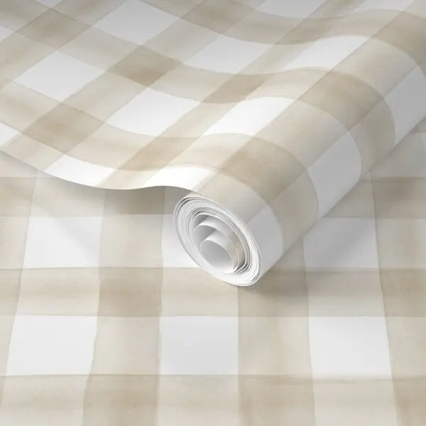 Spoonflower Watercolor Plaid Beige Check Khaki Custom Removable Wallpaper - Gray