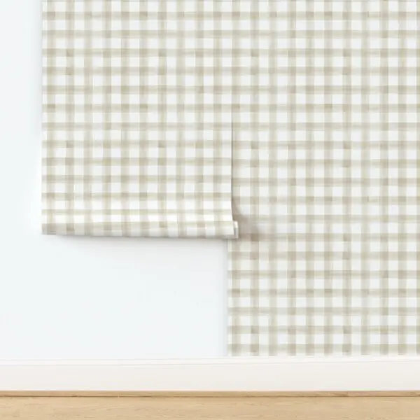 Spoonflower Watercolor Plaid Beige Check Khaki Custom Removable Wallpaper - Gray