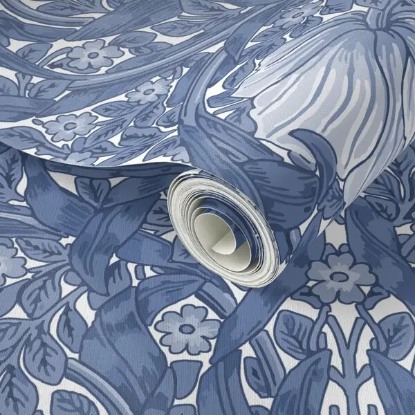 Spoonflower Pimpernel White Floral Damask Flowers Traditional Wallpaper - Blue