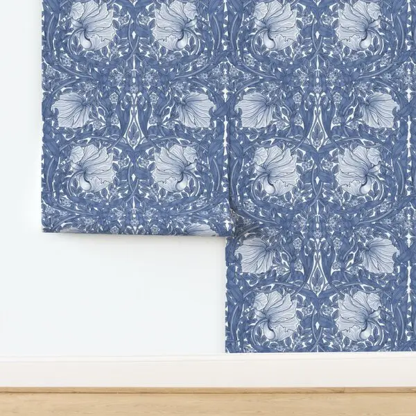 Spoonflower Pimpernel White Floral Damask Flowers Traditional Wallpaper - Blue