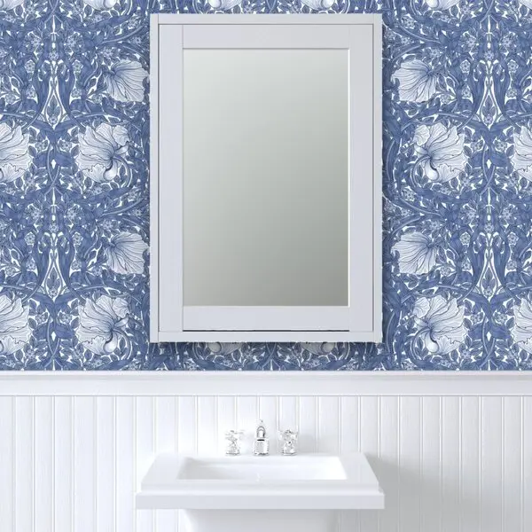 Spoonflower Pimpernel White Floral Damask Flowers Traditional Wallpaper - Blue