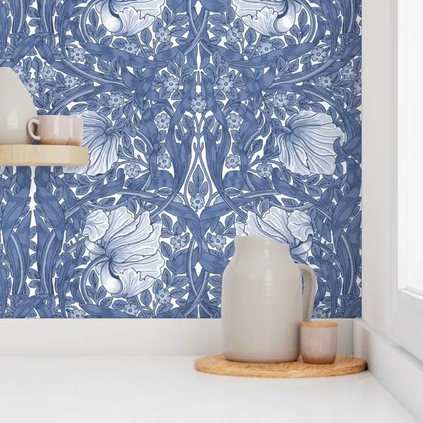 Spoonflower Pimpernel White Floral Damask Flowers Traditional Wallpaper - Blue
