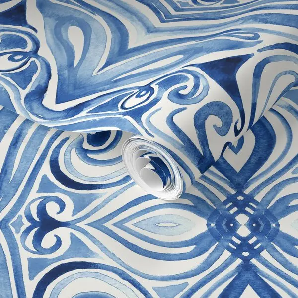 Spoonflower Watercolor Indigo Swirls Tribal Blue And White Custom Pre-pasted Wallpaper - Blue,white,indigo