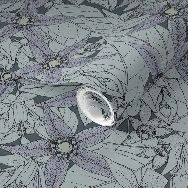 Spoonflower Gray Blue Flowers Leaves Floral Moody Custom Pre-pasted Wallpaper - Blue,gray,black
