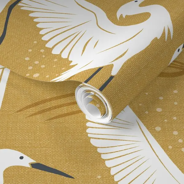 Spoonflower Yellow Crane Vintage Nature Birds Animals Custom Pre-pasted Wallpaper - White,gold,gray