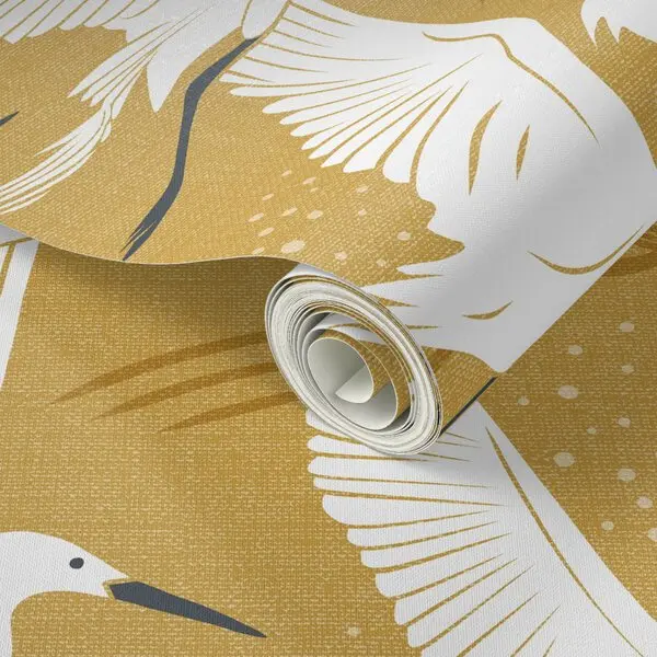 Spoonflower Yellow Crane Vintage Nature Birds Animals Traditional Wallpaper - White,gold,gray