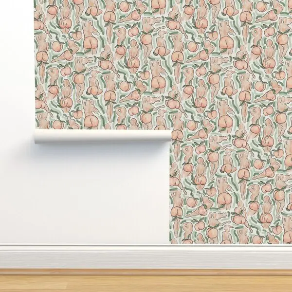 Spoonflower Juicy Peach Butts 100% Natural Sisal Grasscloth Wallcovering - Green