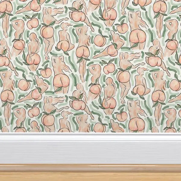 Spoonflower Juicy Peach Butts 100% Natural Sisal Grasscloth Wallcovering - Green