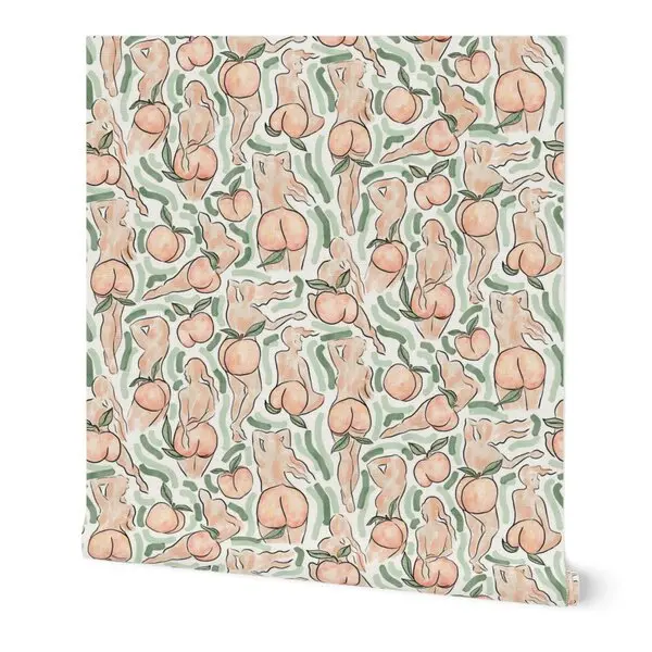 Spoonflower Juicy Peach Butts 100% Natural Sisal Grasscloth Wallcovering - Green