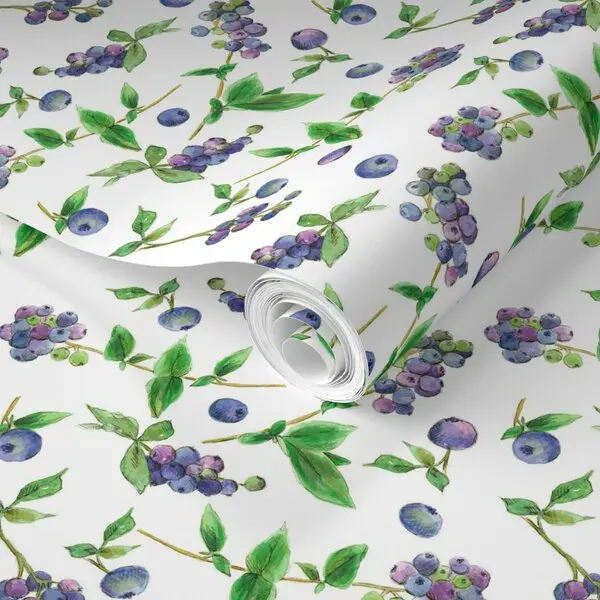 Spoonflower Blueberries Fruit Berries Botanical Blueberry Traditional Wallpaper - Blue,white,green