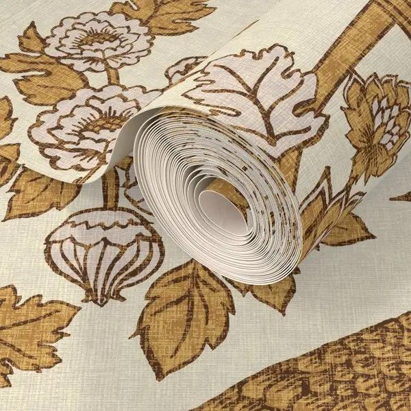 Spoonflower Peacock Garden Gold Silver Jumbo 100% Natural Sisal Grasscloth Wallcovering - Gold,yellow