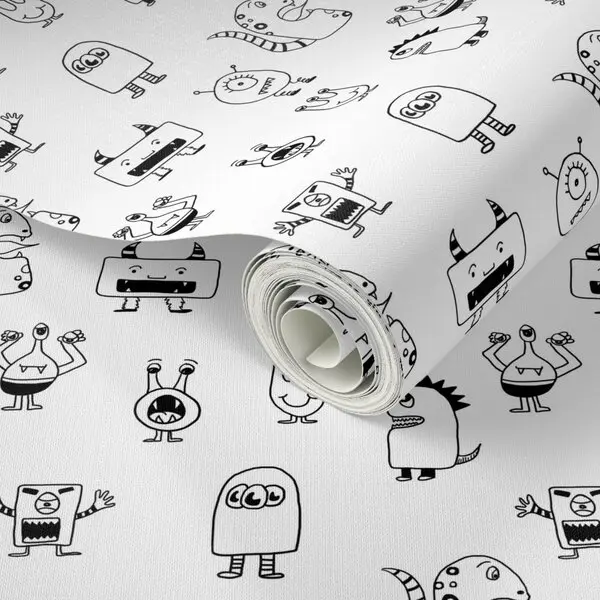 Spoonflower Black White Monsters Coloring Book Line Art Scary Custom Removable Wallpaper - Black,white,gray