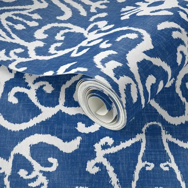 Spoonflower Ikat Navy Damask Floral Blue Custom Pre-pasted Wallpaper - Blue,white,gray