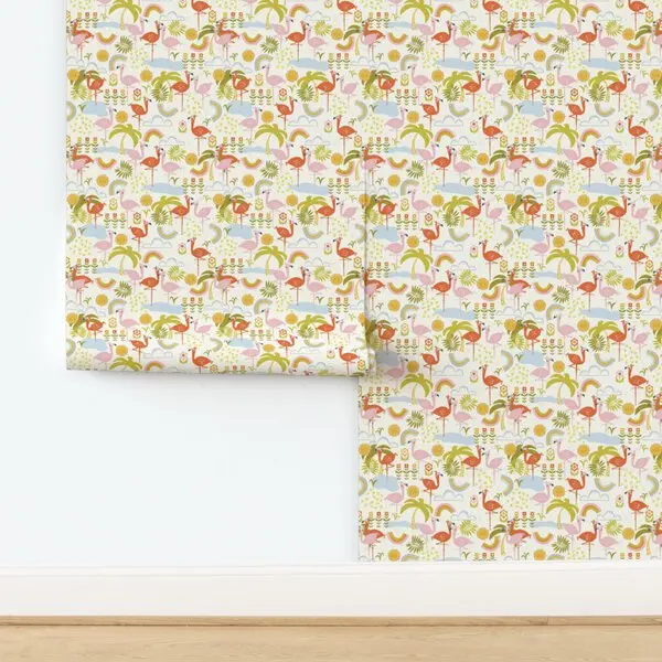 Spoonflower Birds Summer Beach Flamingo Tropical Scandinavian Custom Pre-pasted Wallpaper - Brown,gray