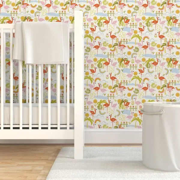 Spoonflower Birds Summer Beach Flamingo Tropical Scandinavian Custom Pre-pasted Wallpaper - Brown,gray
