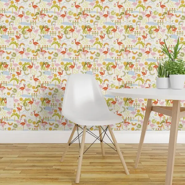 Spoonflower Birds Summer Beach Flamingo Tropical Scandinavian Custom Pre-pasted Wallpaper - Brown,gray