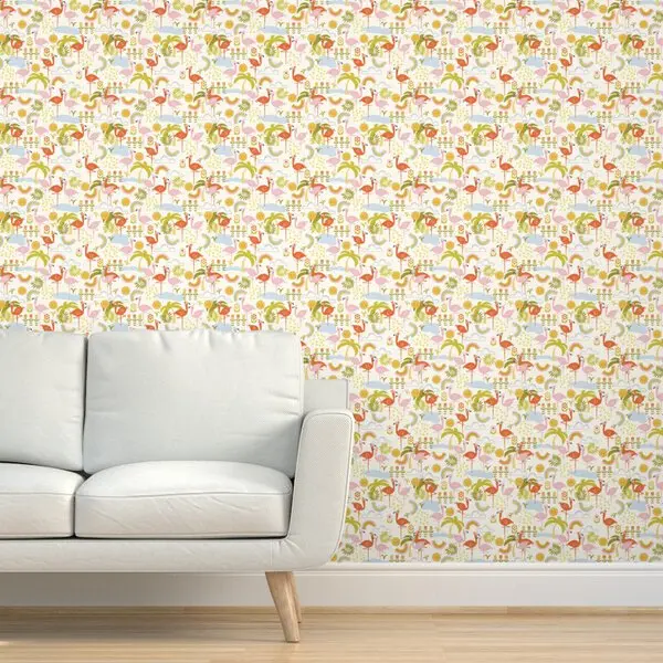 Spoonflower Birds Summer Beach Flamingo Tropical Scandinavian Custom Pre-pasted Wallpaper - Brown,gray