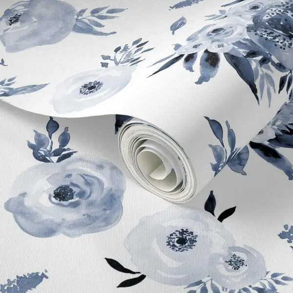 Spoonflower Blue White Flowers Roses Peonies Floral Custom Removable Wallpaper - Gray,blue,white