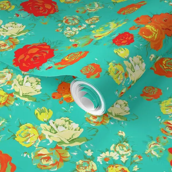 Spoonflower Yellow Red Roses Turquoise Floral Robins Egg Blue Traditional Wallpaper - Orange,green,red
