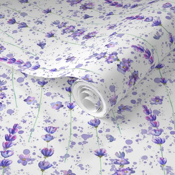 Spoonflower Lavender Pattern Flowers Floral Nature Purple Art Custom Pre-pasted Wallpaper - White,purple,gray