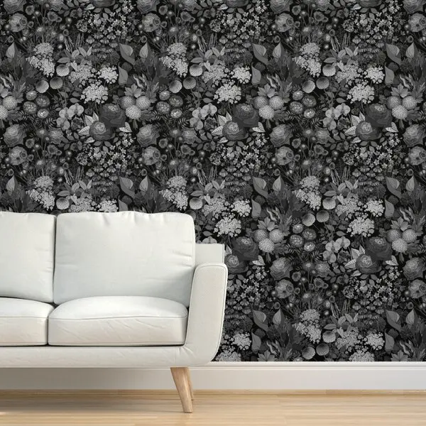 Spoonflower Black White Garden Roses Halloween Dead Leaves Custom Pre-pasted Wallpaper - Black,gray,white