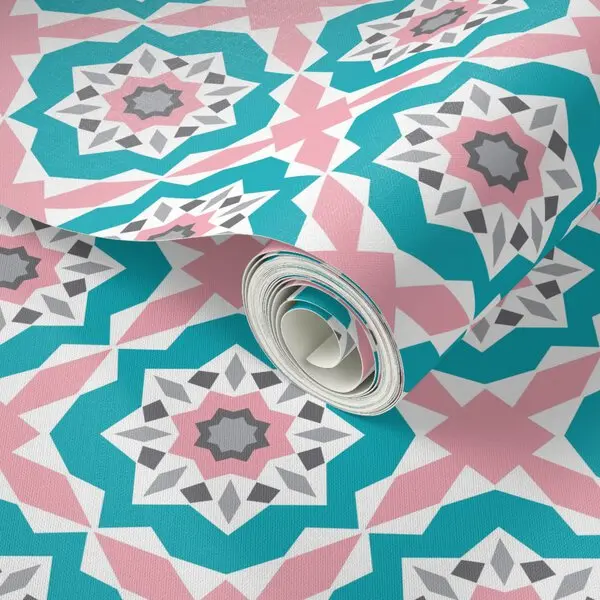 Spoonflower Pink Vintage Teal Retro Geometric Diamond Custom Removable Wallpaper - Blue,pink,red