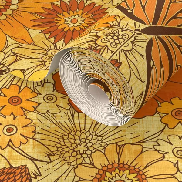 Spoonflower Large Vintage Flowers Butterfly Nature Retro 100% Natural Sisal Grasscloth Wallcovering - Orange,yellow,brown