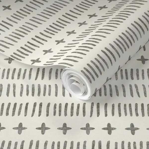 Spoonflower Modern Farmhouse Moroccan Cream Gray Mudcloth Custom Removable Wallpaper - Gray,beige