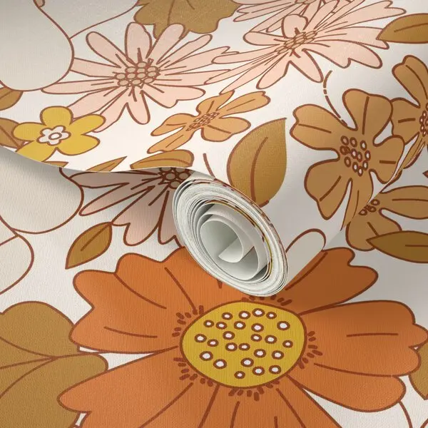 Spoonflower 70s Bloom Suntanned Nursery Wild Flowers Custom Pre-pasted Wallpaper - Orange,pink,brown