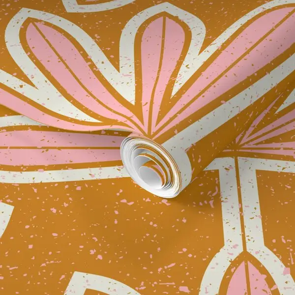 Spoonflower Mid Century Palm Leaf Pink Vintage Retro Geo 100% Natural Sisal Grasscloth Wallcovering - Copper,pink,orange