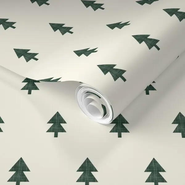Spoonflower Micro Print White Small Christmas Tree Trendy Custom Pre-pasted Wallpaper - Green,white,gray