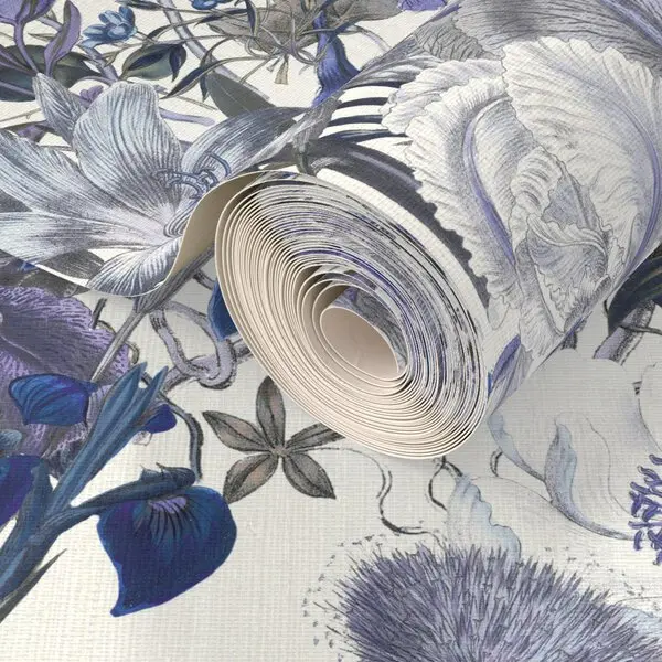 Spoonflower Blue Flowers Vines Floral Antique Botanical Spring Custom Pre-pasted Wallpaper - Blue,white,gray