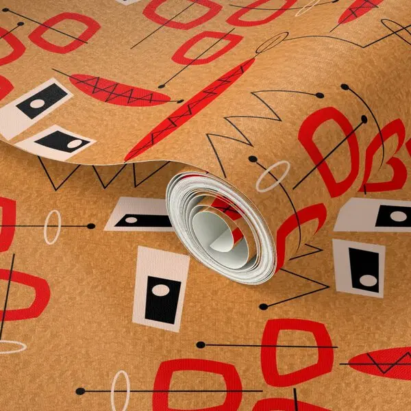 Spoonflower Atomic Era Inspired Abstract Orange Mid Century Custom Removable Wallpaper - Orange,red,black