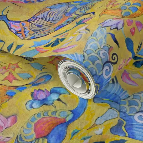 Spoonflower Peacock Feather Blue Navy Floral Flower Yellow Traditional Wallpaper - Yellow,blue,green