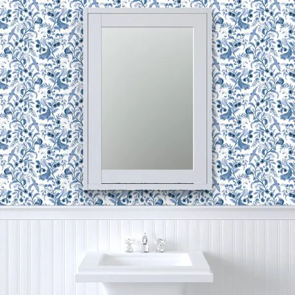 Spoonflower Birds Animals Peacock Vine White Background Hand Custom Pre-pasted Wallpaper