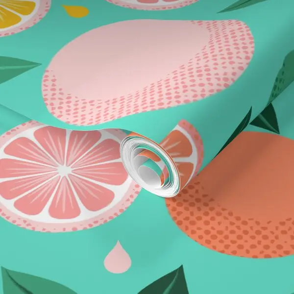 Spoonflower Pop Citrus Party Aqua Pink Orange Fruit Turquoise Traditional Wallpaper - Green,pink,orange