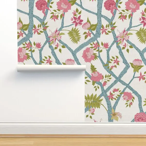 Spoonflower Peony Branch Claudia 100% Natural Sisal Grasscloth Wallcovering