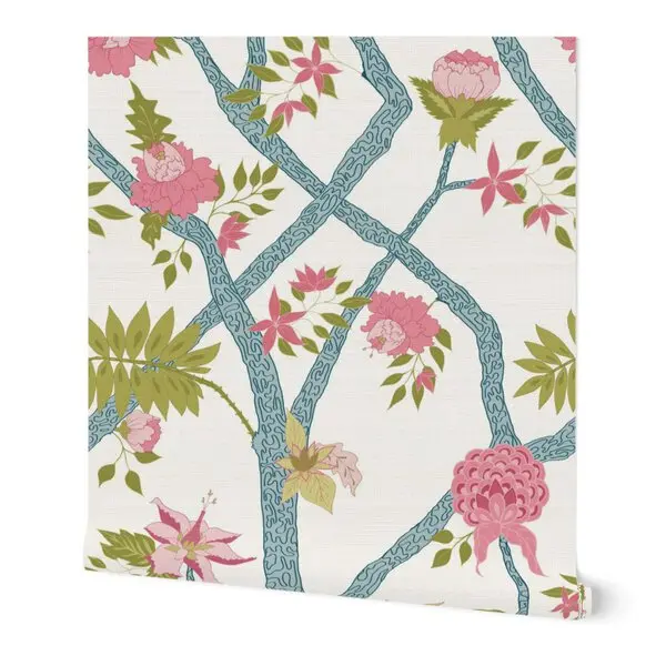 Spoonflower Peony Branch Claudia 100% Natural Sisal Grasscloth Wallcovering