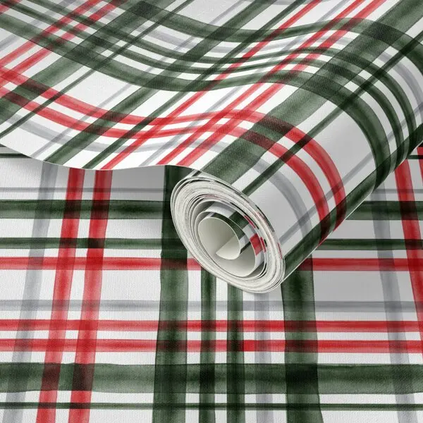 Spoonflower Plaid Watercolor Christmas Custom Pre-pasted Wallpaper - Gray,black,green