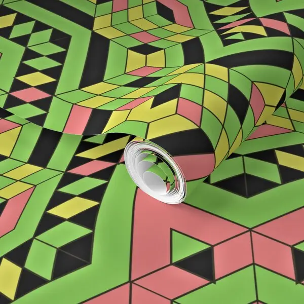 Spoonflower Pink Black Green Yellow Geometric 100% Natural Sisal Grasscloth Wallcovering - Green,black,orange