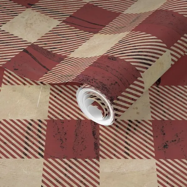 Spoonflower Buffalo Plaid Rustic Red Earthy Brick Weathered Custom Removable Wallpaper - Red,brown,beige