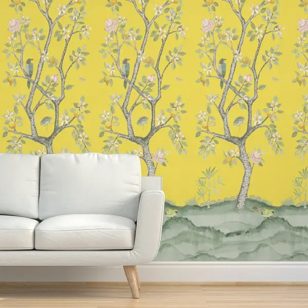 Spoonflower Panel A Heather Citron Orange Deluxe 100% Natural Sisal Grasscloth Wallcovering