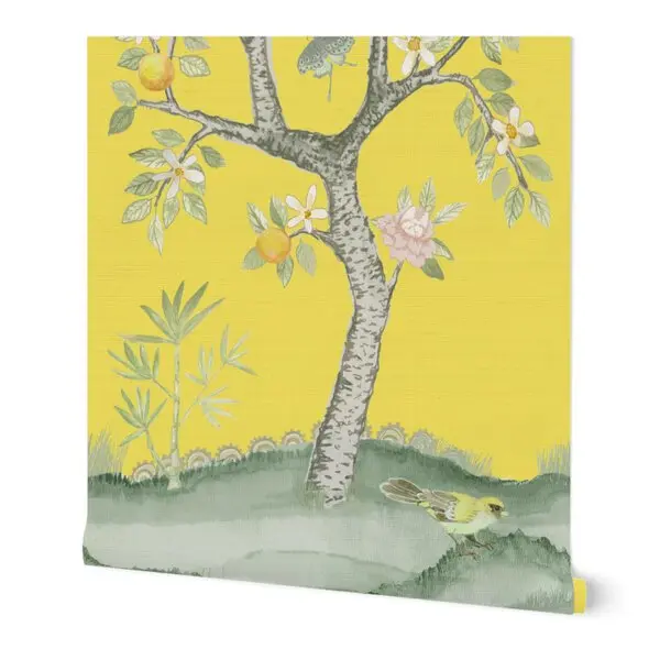 Spoonflower Panel A Heather Citron Orange Deluxe 100% Natural Sisal Grasscloth Wallcovering