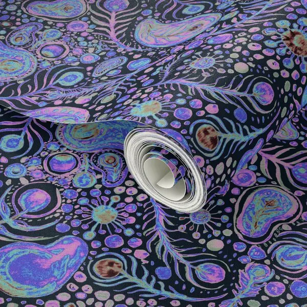 Spoonflower Pink Purple Glowing Paisley Dark Groovy 60s Custom Pre-pasted Wallpaper - Blue,black