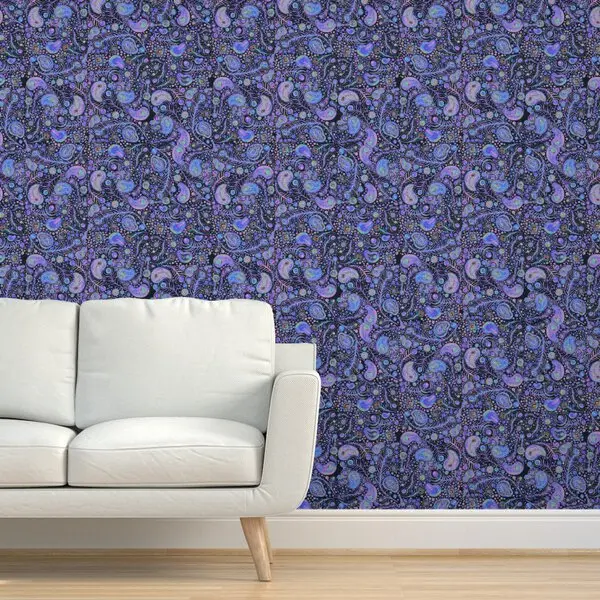 Spoonflower Pink Purple Glowing Paisley Dark Groovy 60s Traditional Wallpaper - Blue,black