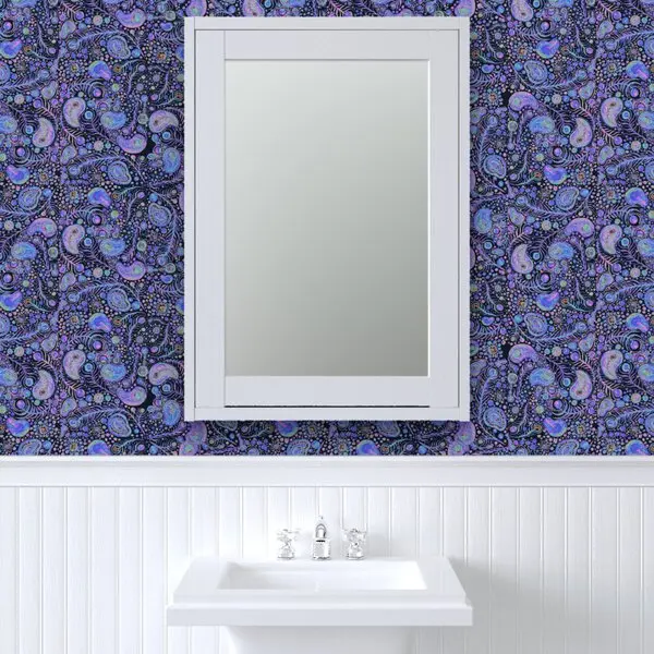 Spoonflower Pink Purple Glowing Paisley Dark Groovy 60s Traditional Wallpaper - Blue,black